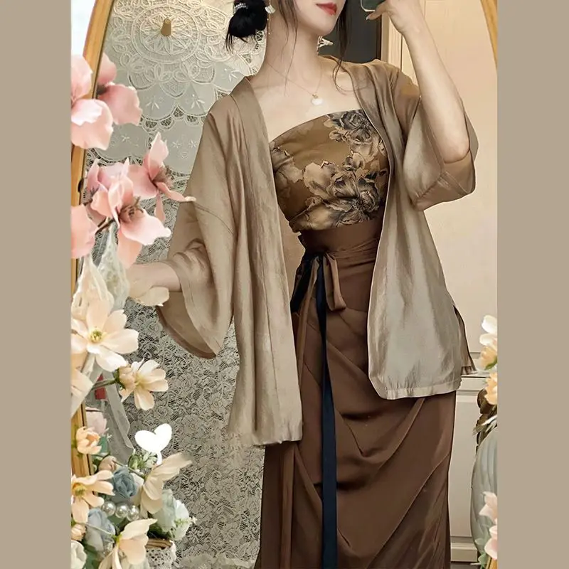 Vintage-3Pcs-Hanfu-Brown-Chinese-Style-Clothes-Kimono-cami-skirt-Suit ...