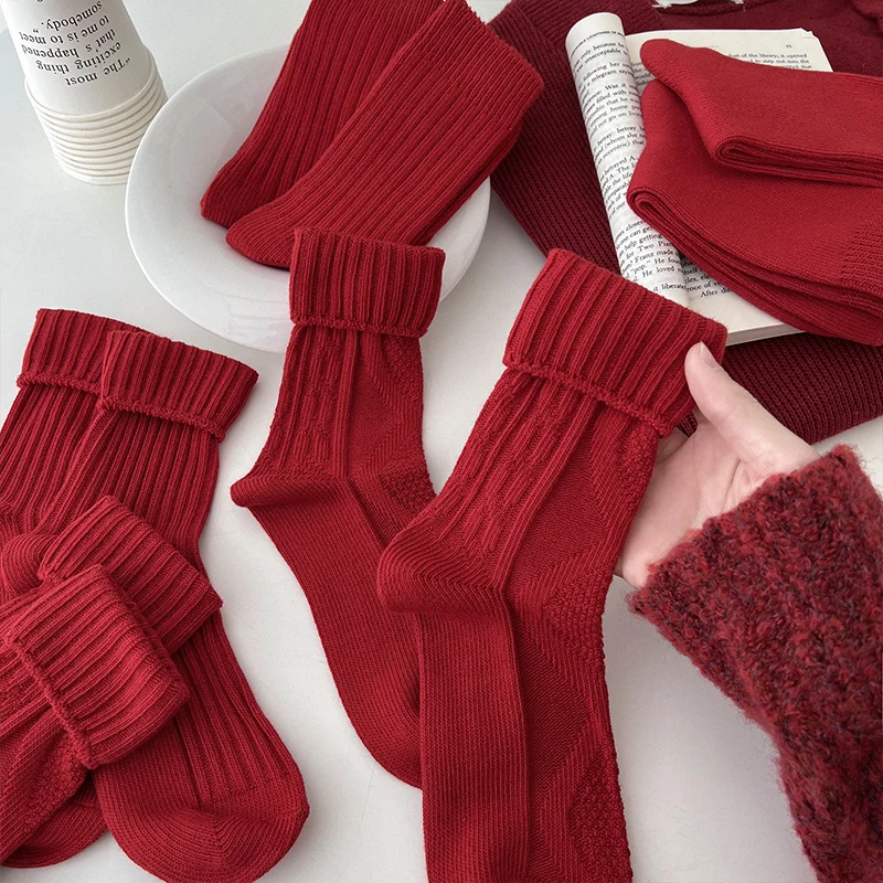 Women's Socks Cotton Breathable Christmas New Year Red Socks For Girls ...