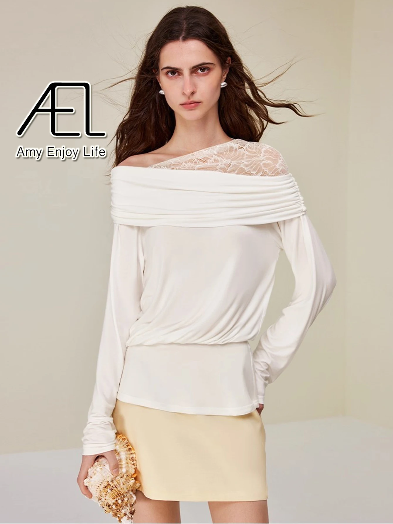 AEL Women's Boat Neck Slim Fit Long Sleeve T-Shirt Summer Autumn White ...