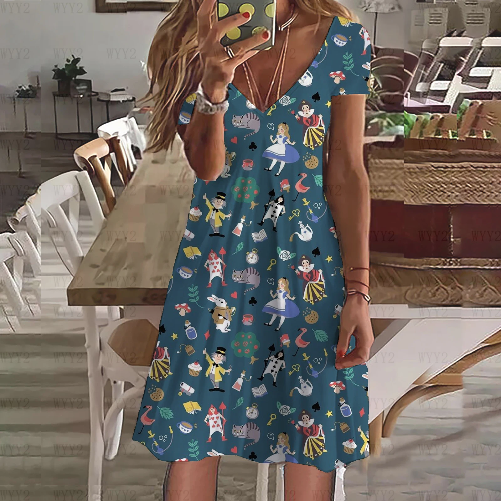 Alice in Wonderland Cartoon Pattern Print Girls Disney Series Dress ...