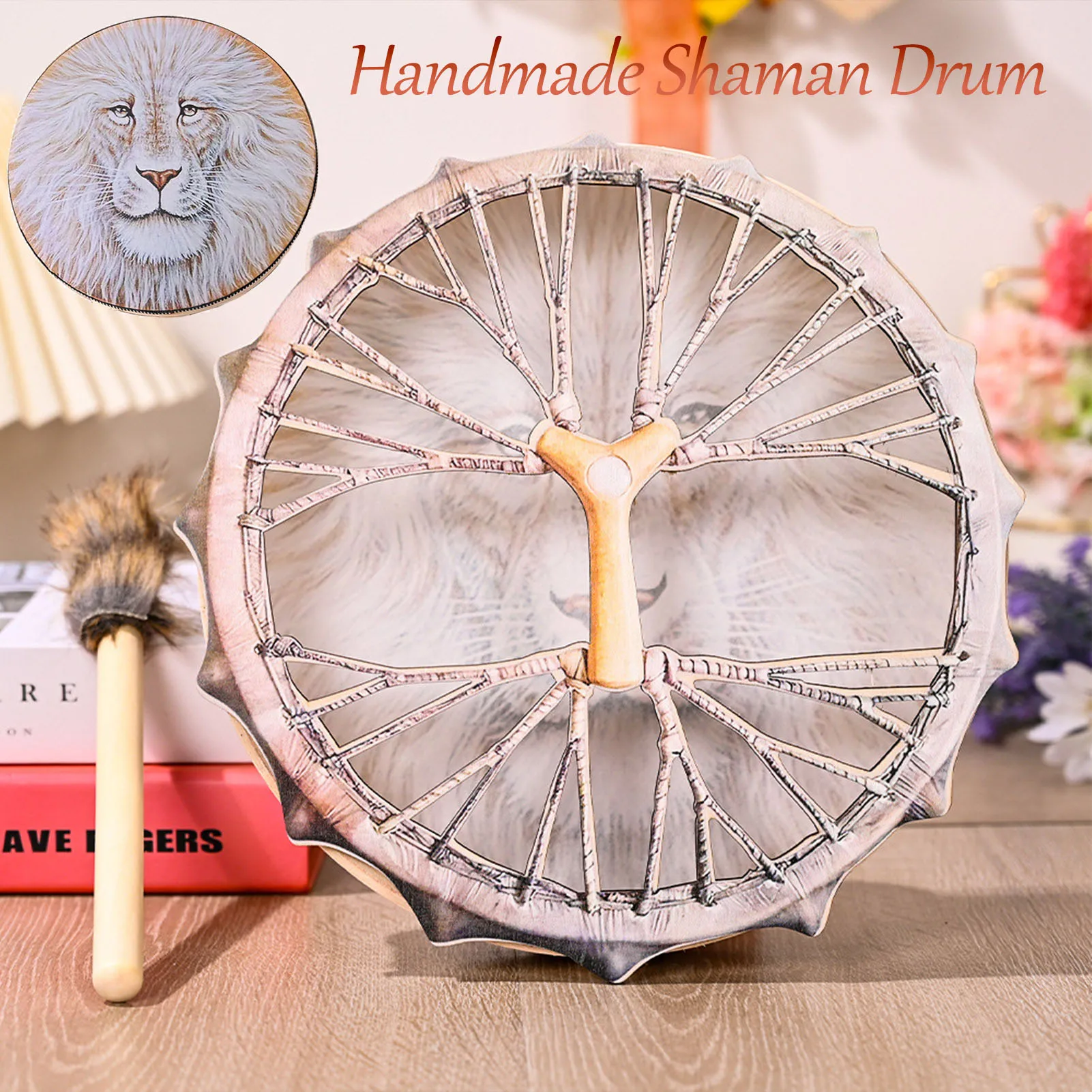 25cm Handmade Shaman Drum Siberian Shaman Lion Totem With Drum Stick ...