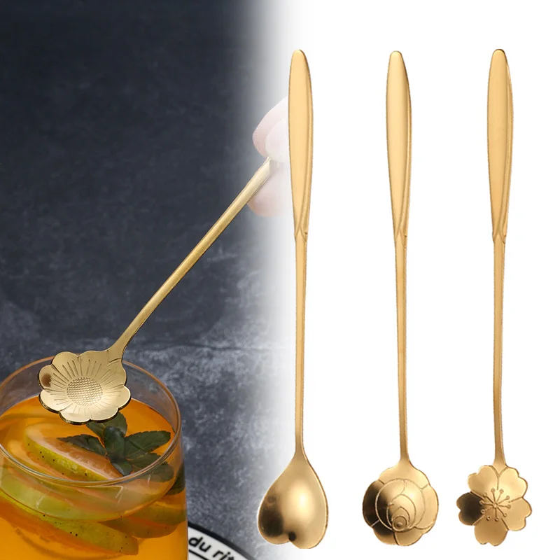 Stainless Steel Cherry Rose Flower Gold Scoop Coffee Spoon Gifts ...