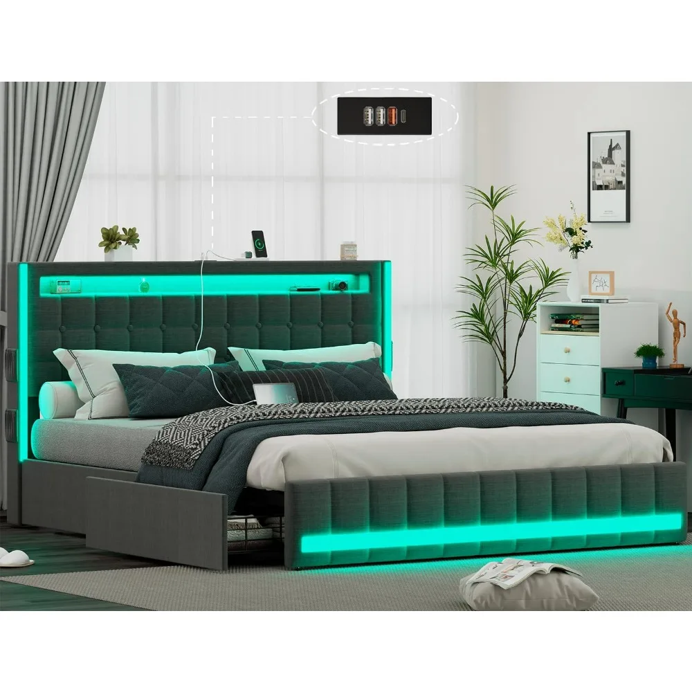 LED-Full-Size-Bed-Frame-with-4-Storage-Drawers-and-Charging-Station ...