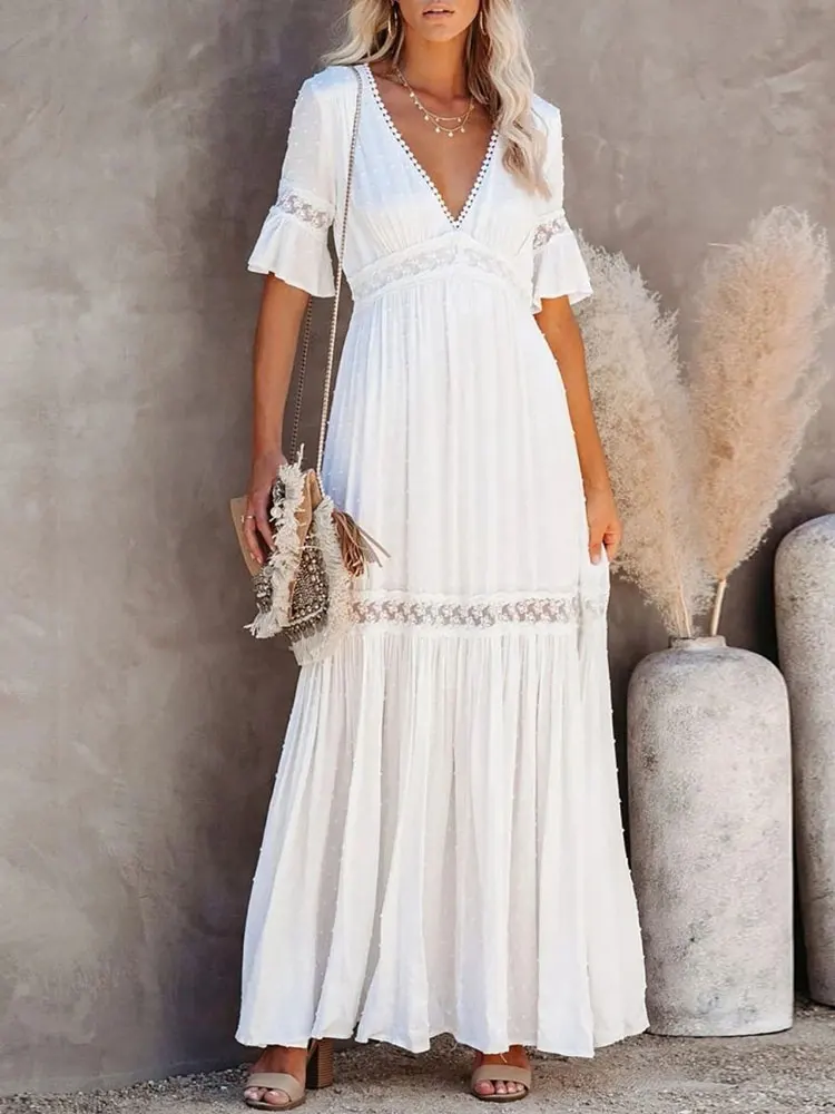 Boho Witte Kanten Jurk Vrouwen Zomer Korte Mouw V-Hals Lange Jurken Dames Elegante Casual Losse ...