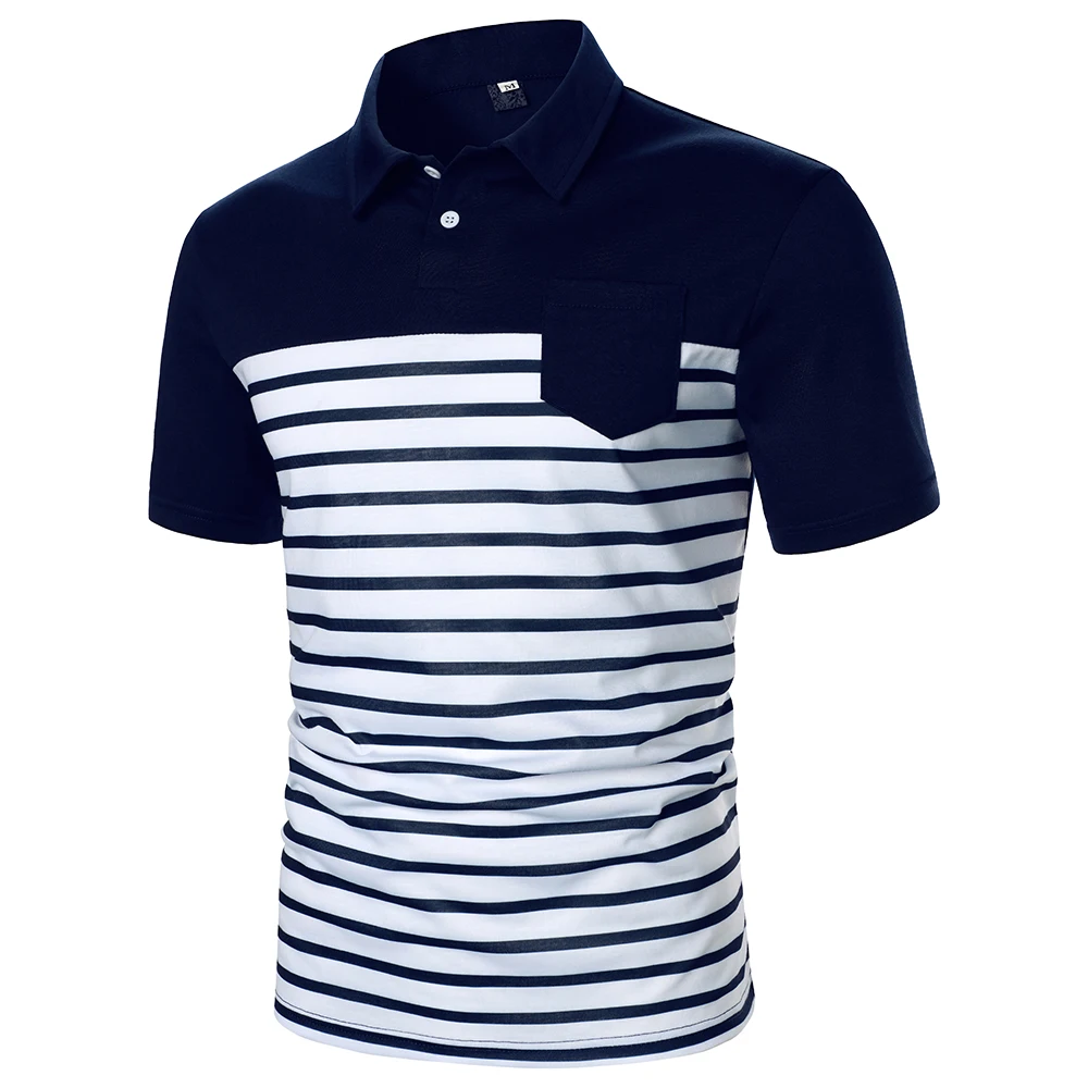 Men Short Sleeve Polo Shirt Two-color Splicing Stripe Pocket Design ...