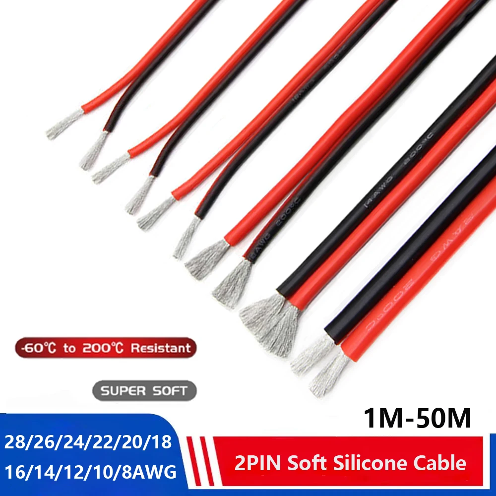 Super Soft 2 Pin Black Red Silicone Cable 28awg 26 24 22 20 18 16 14 ...