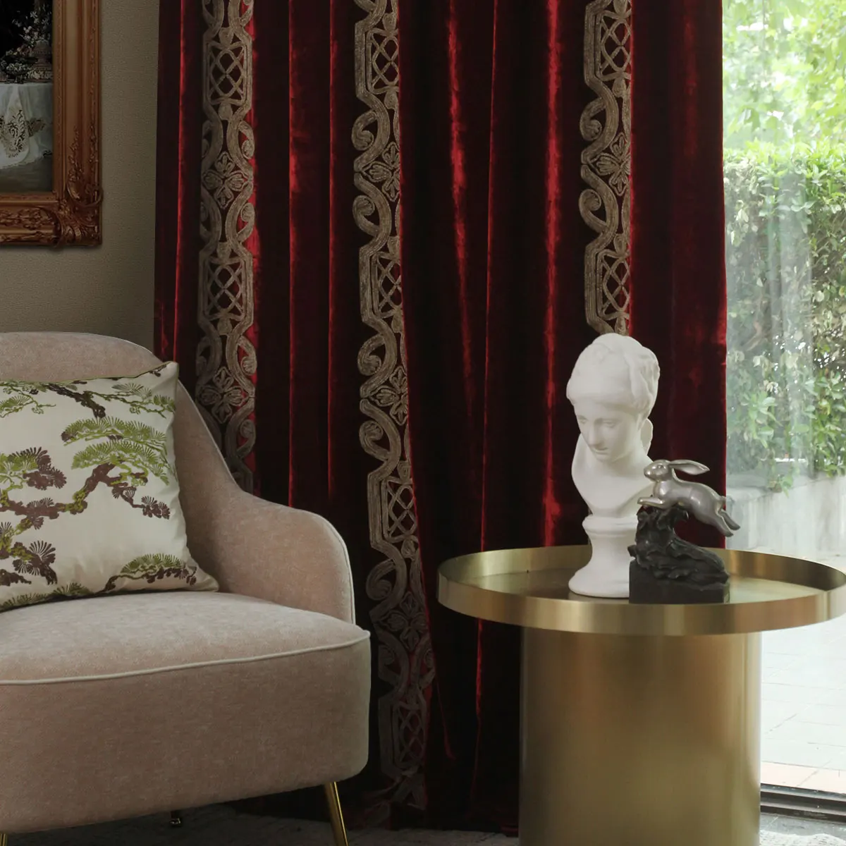 European-style-Wine-Red-Retro-Flocking-Embroidered-Stitching-Curtains ...