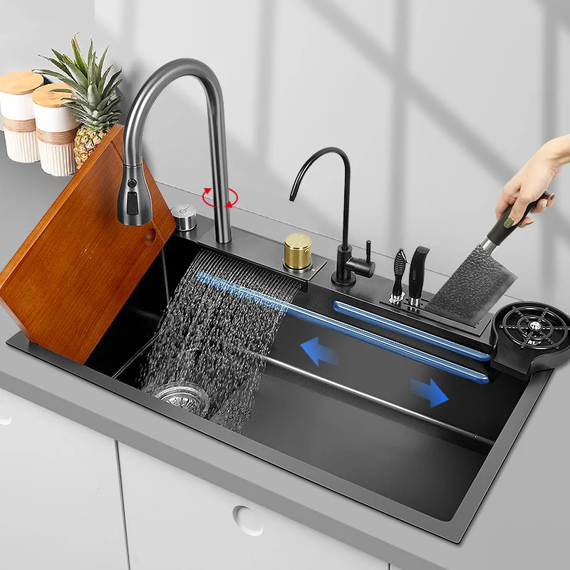 Kitchen Sink 304 Stainless Steel Waterfall Kitchen Sink Black Large ...