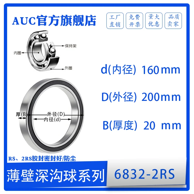 1 PC Deep Groove Ball Bearing 6832-2RS 61832rs inner diameter 160 outer ...