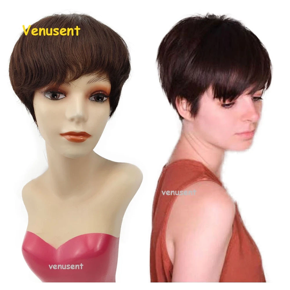 Natural Brown Short Bob Pixie Cut Human Wig Hand-Tied Swiss Lace Wig ...