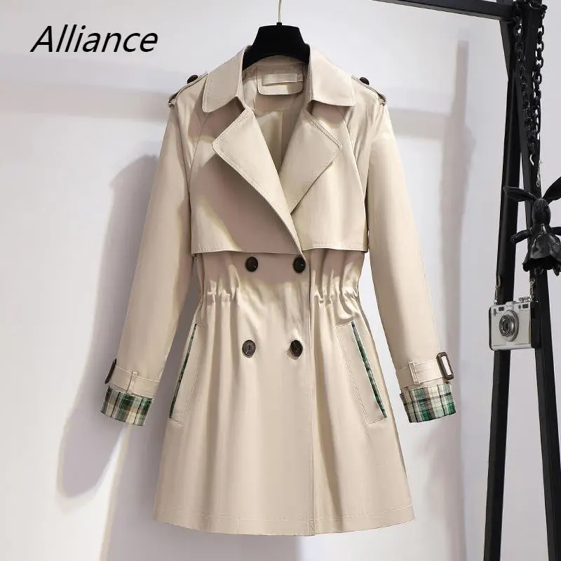 Gabardina de longitud media para mujer, chaqueta de doble botonadura con forro, cintura con ...