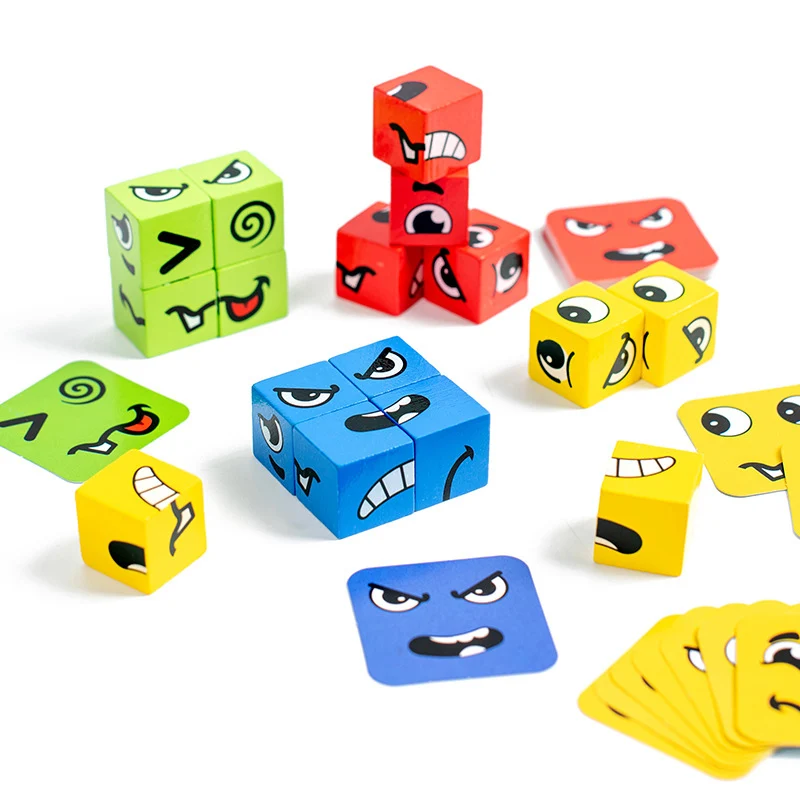 Wooden Cube Face Changing Expression Building Blocks Matching Puzzle ...
