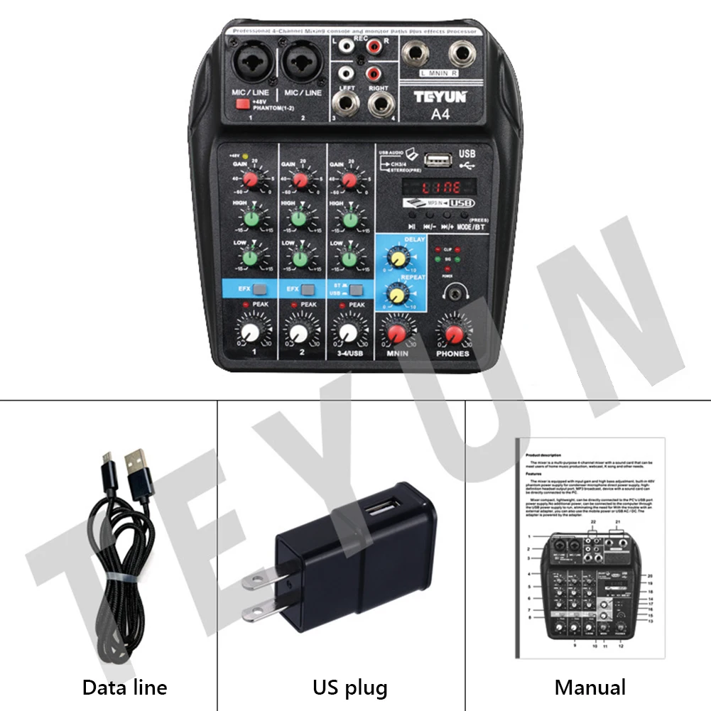 Mélangeur Audio à 4 canaux Mini Console de mixage DJ avec alimentation 48V pour PC diffusion en ...