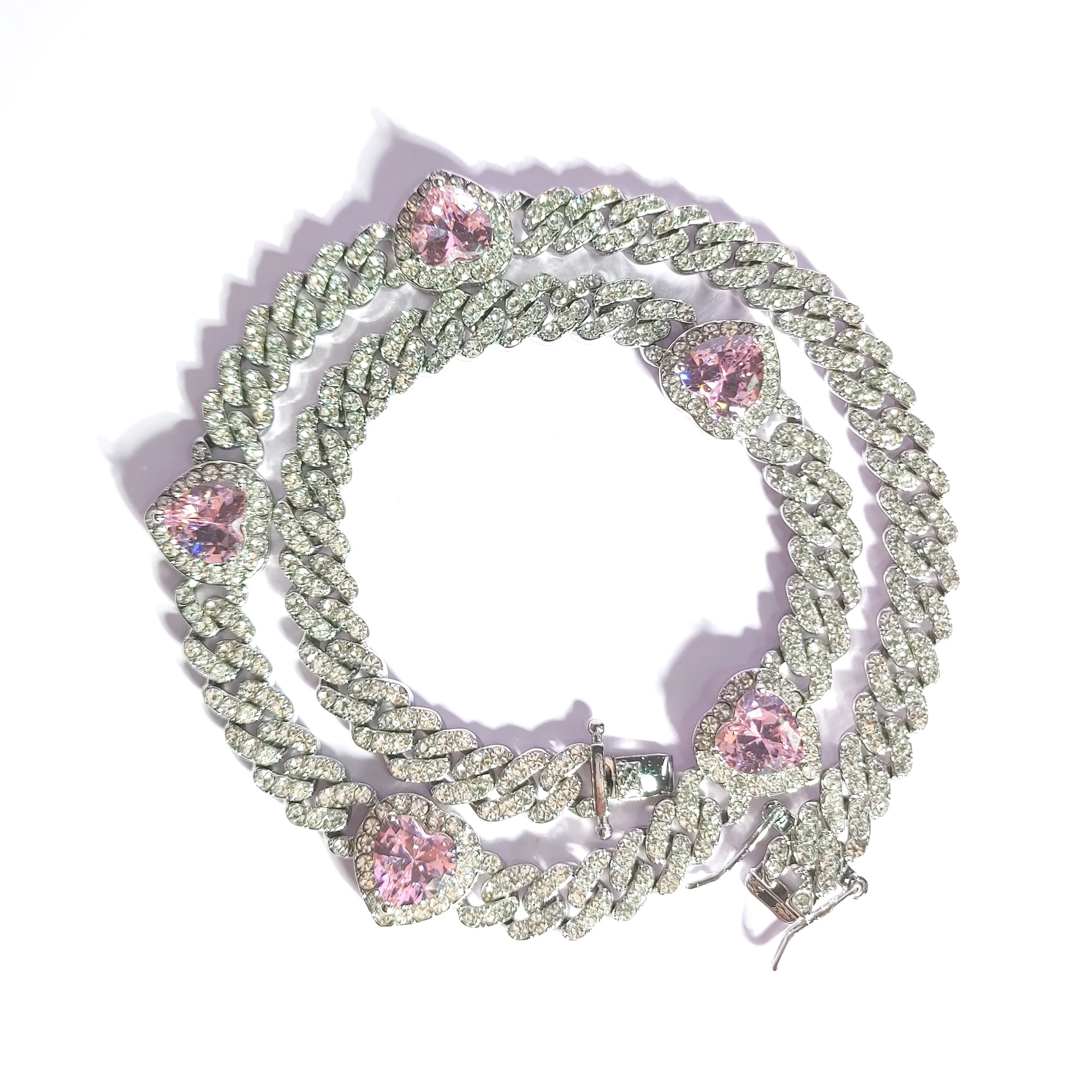 Bling-bling 9mm Cuban Link Choker Chain With Pink Hearts,Silver/Pink ...