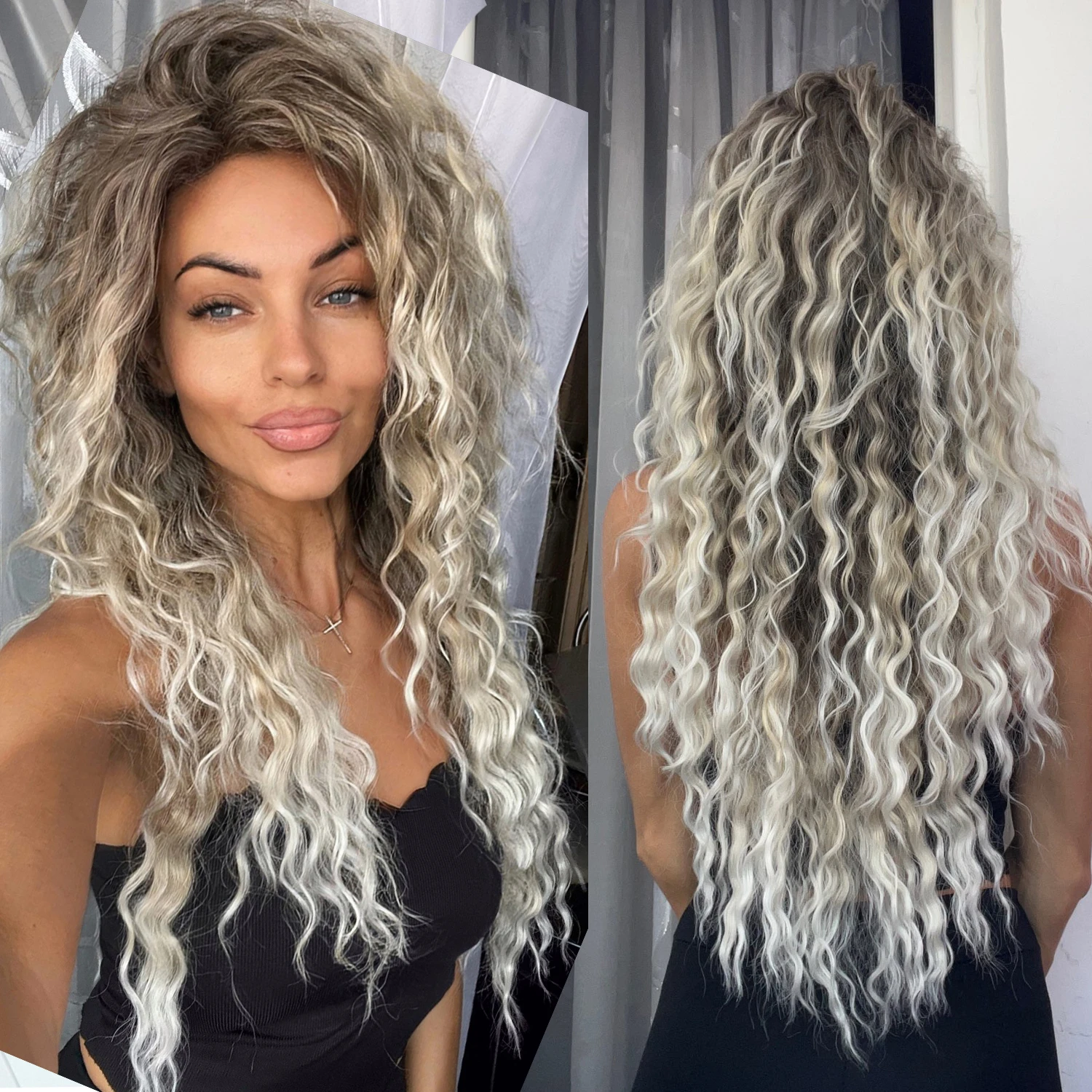 Ash Blonde Wig Synthetic Long Curly Hair Wigs For Women Fluffy 80s ...
