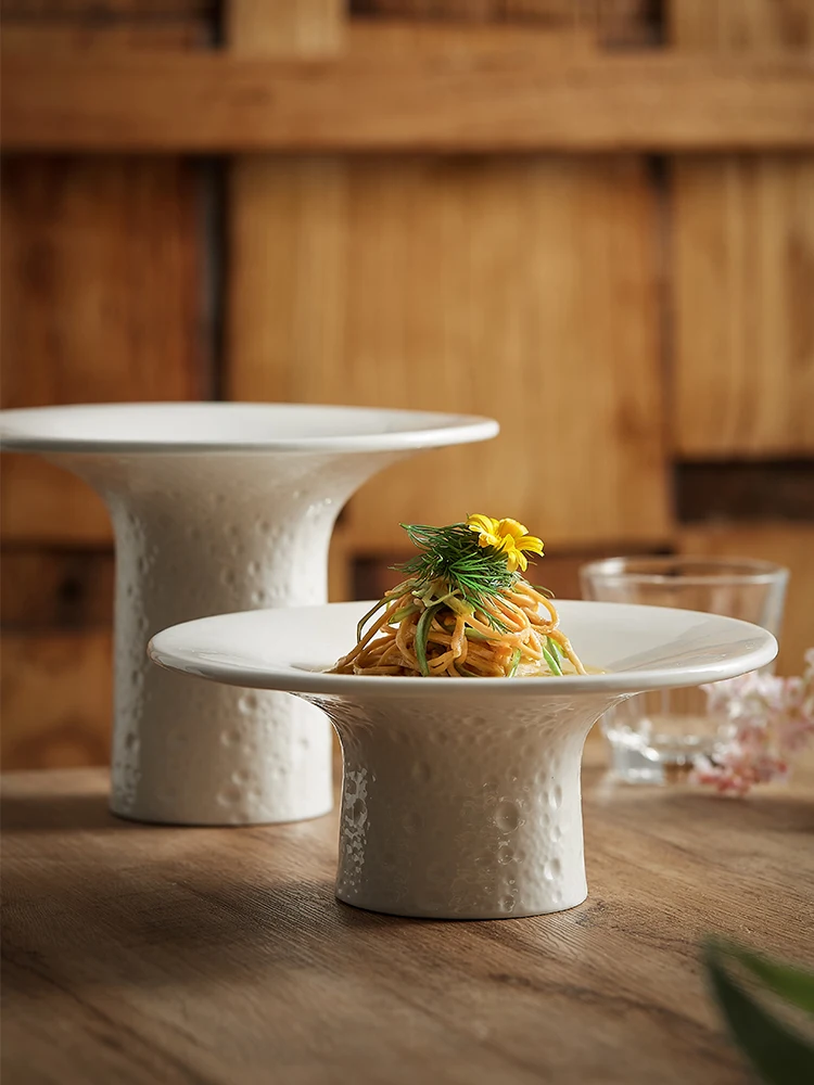 High Feet Ceramic Dinner Plates Fruit Plate White Round Salad Dessert ...