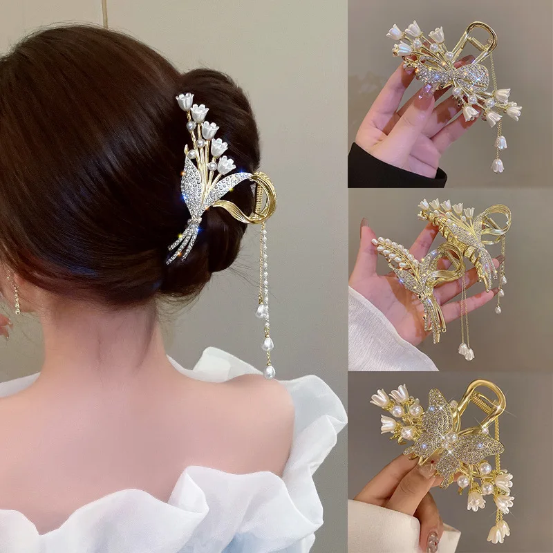 New-Metal-Rice-Ears-Rhinestone-Scrunchies-Female-Elegant-Pearl-Tassel ...