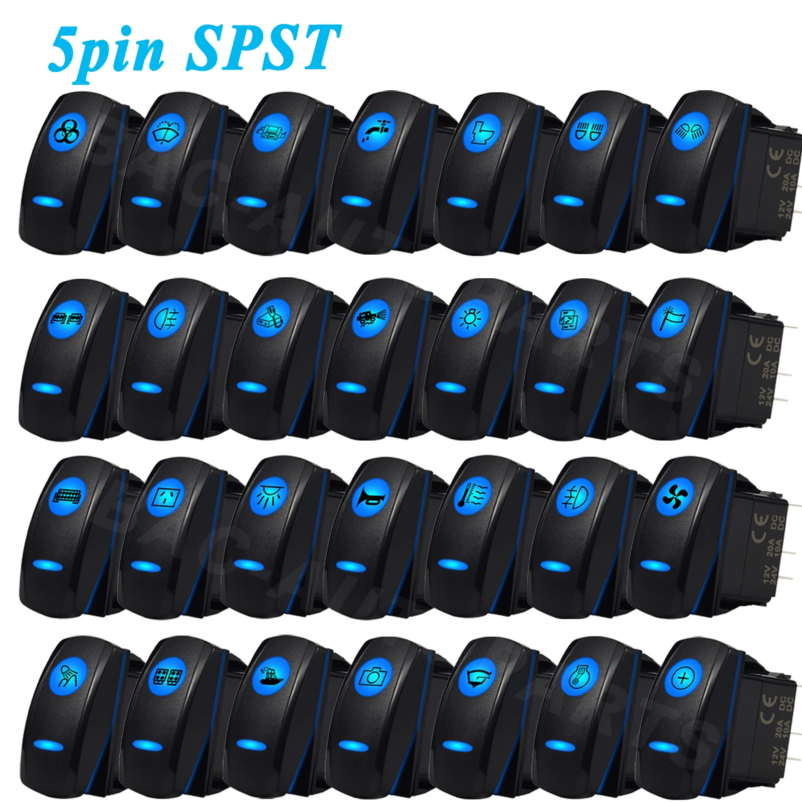 Blue LED Rocker Switch 5 Pin ON/OFF/Momentary SPST Waterproof IP67 12 ...