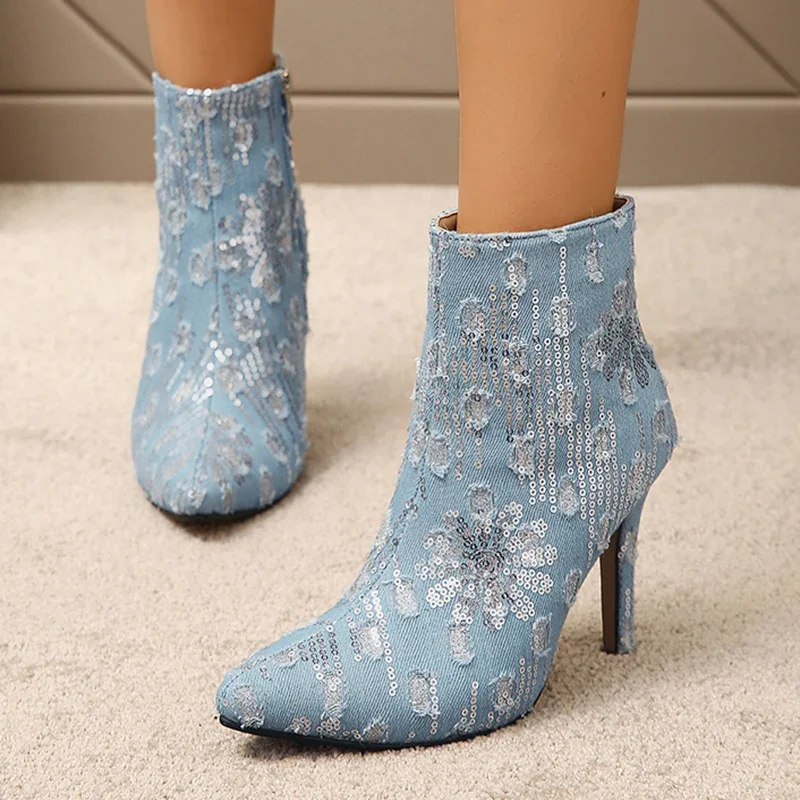 Botas-vaqueras-de-tac-n-alto-para-mujer-botines-azules-con-lentejuelas ...