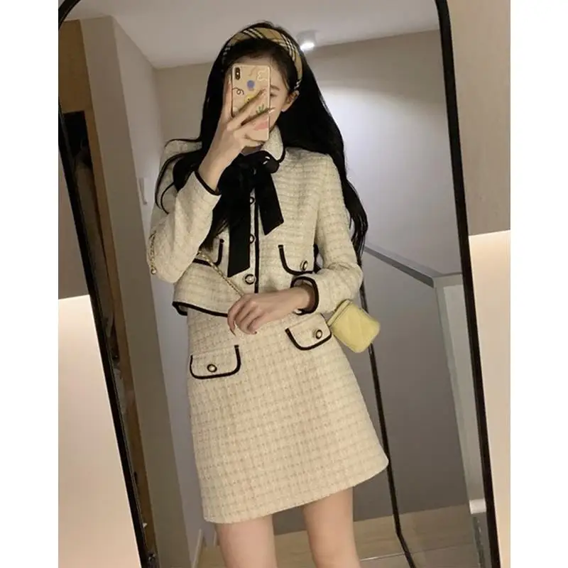 Women-Tweed-White-Suit-Jacket-Coat-Top-and-Skirt-Elegant-Two-Piece-Set ...