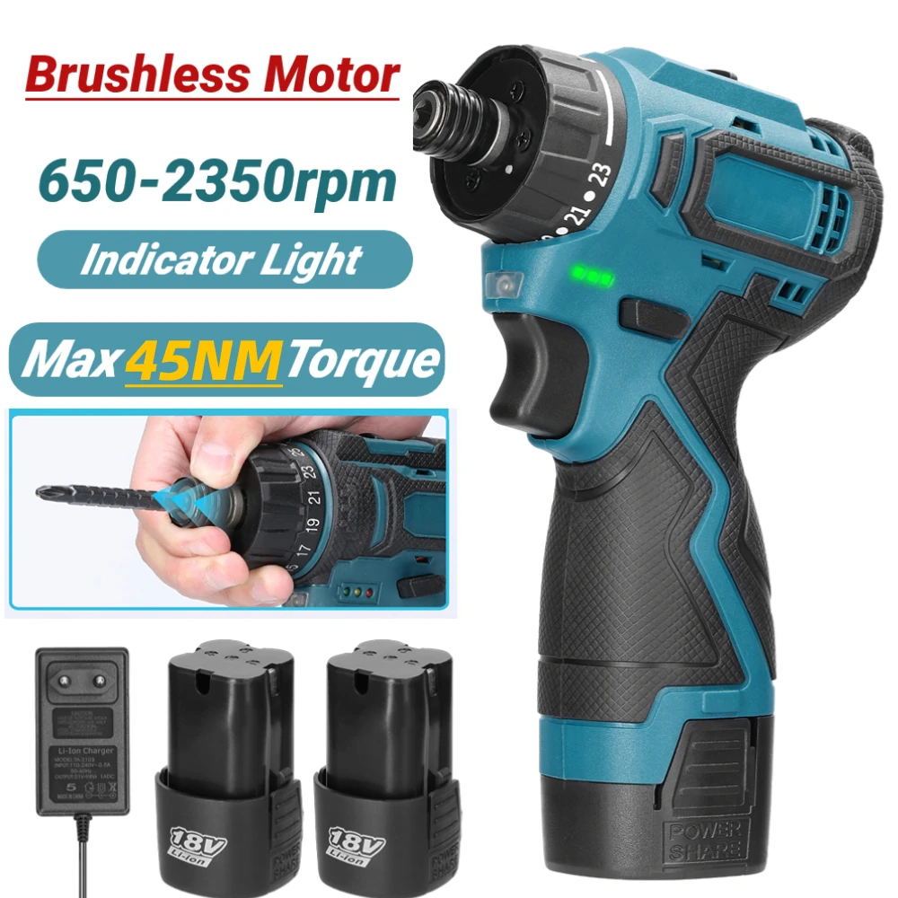 18v Brushless Lithium Electric Screwdriver Torque Adjustable 2 Speed ...