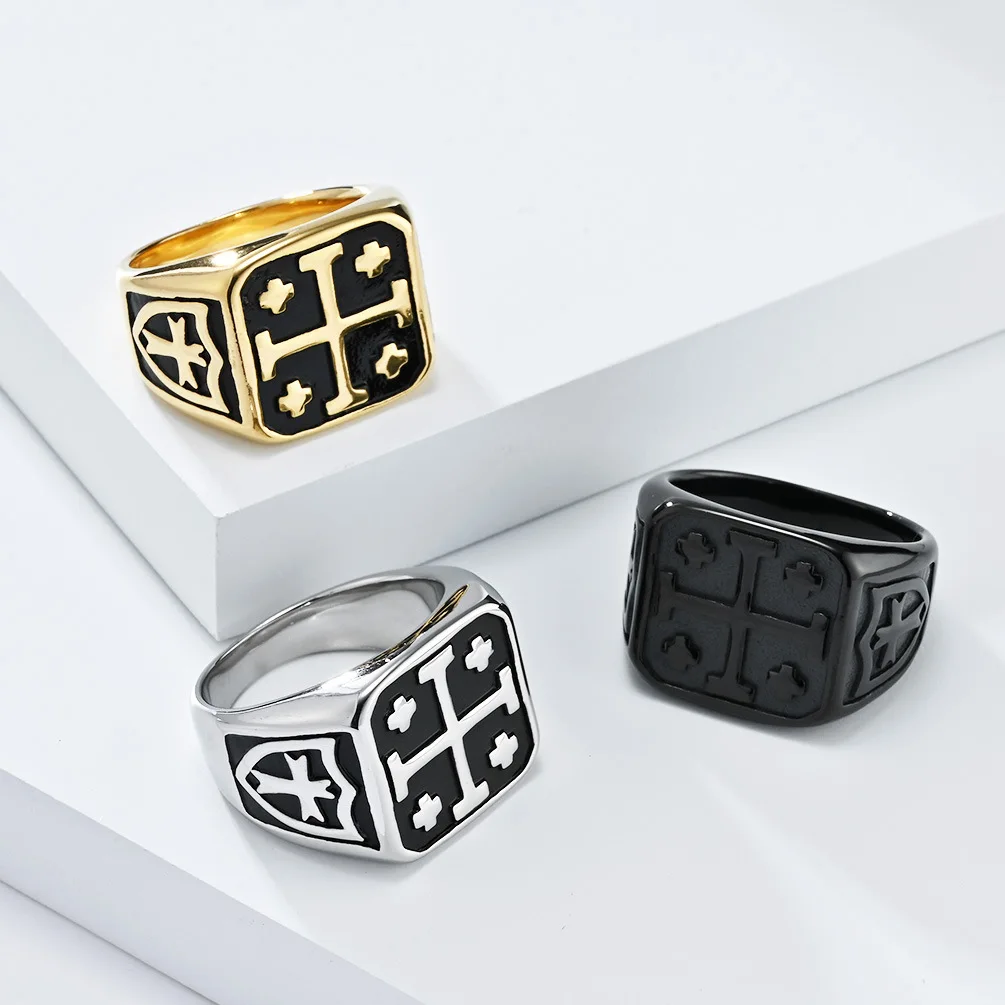 Retro-Jerusalem-Cross-Rings-17MM-Width-Stainless-Steel-Square-Ring-Men ...