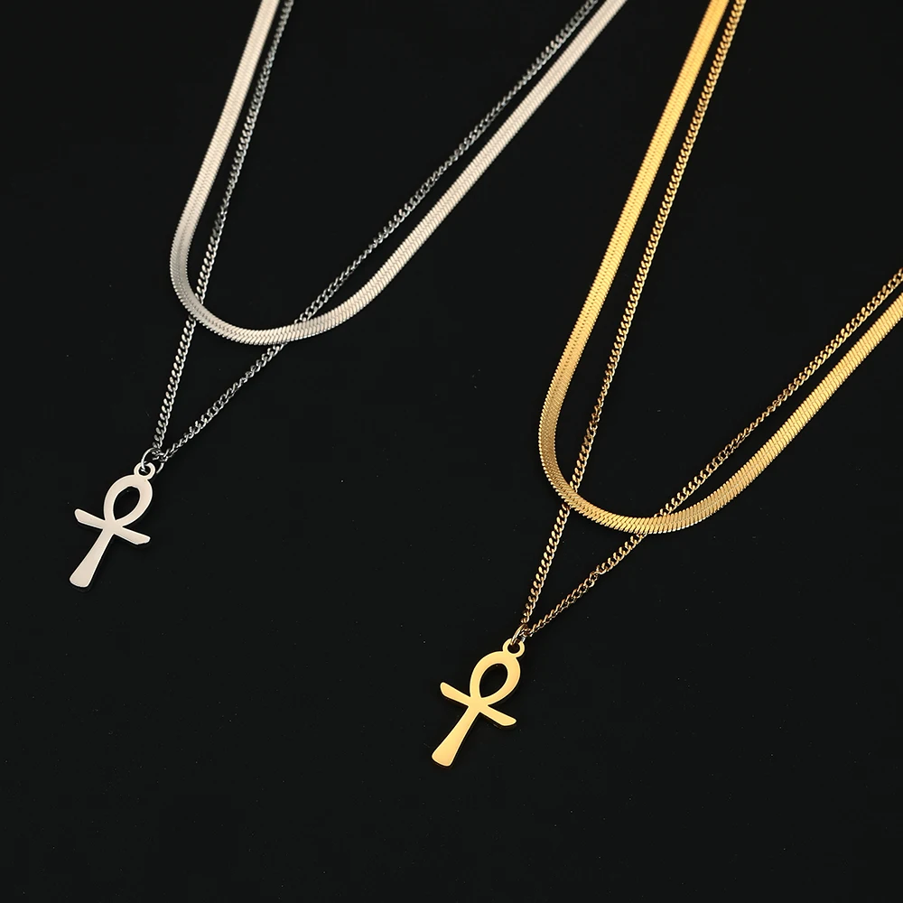 Egypt Ankh Cross Snake Chains Necklace for Women Stainless Steel Double ...
