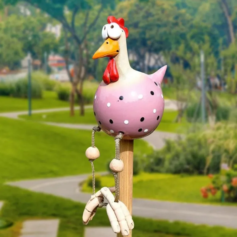 Funny-Big-Eyed-Chicken-Statue-Wooden-Stake-Decoration-Long-Foot-Hen ...