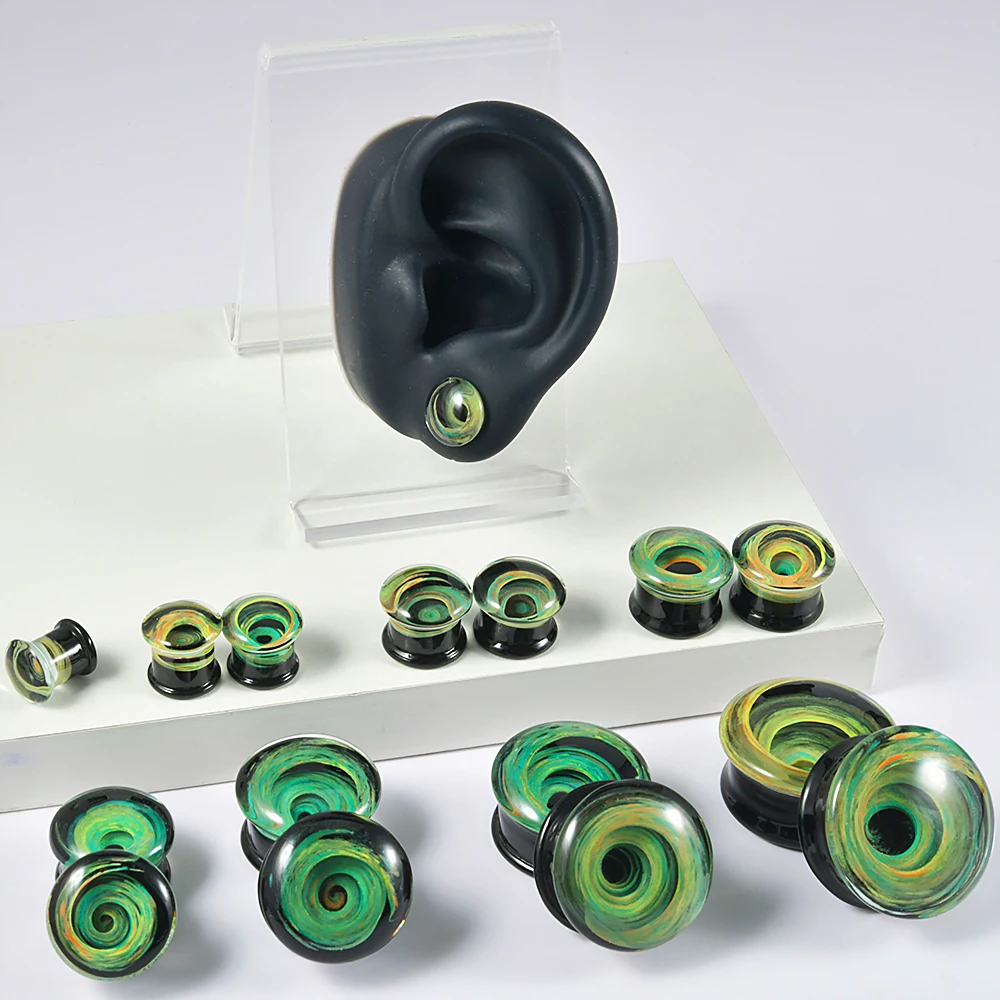 Green Swirl Ear Plugs Earring Solid Glass Ear Tunnels Gauges Ear Lobe ...