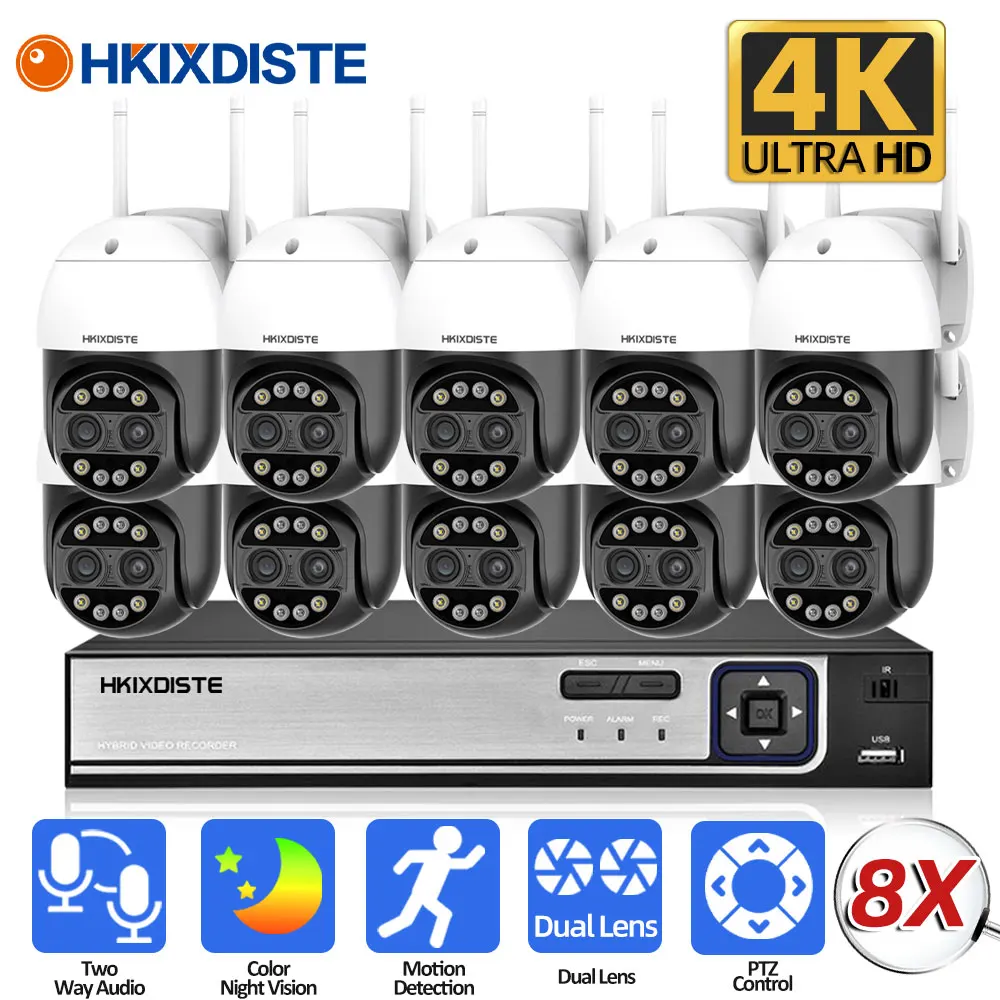 H.265 10CH 8MP WiFi PTZ Security Camera System 8X Zoom Color Night ...