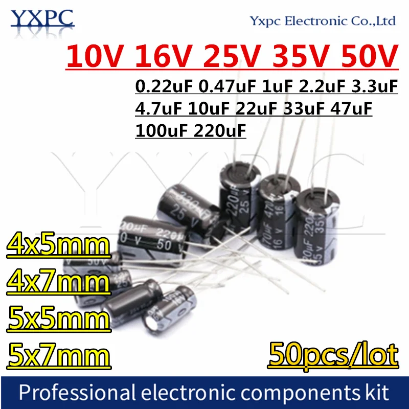 50 pces 10v 16v 25v 35v 50v alumínio capacitor eletrolítico 0.22uf 0.47uf 1uf 2.2uf 3.3uf 4.7uf ...