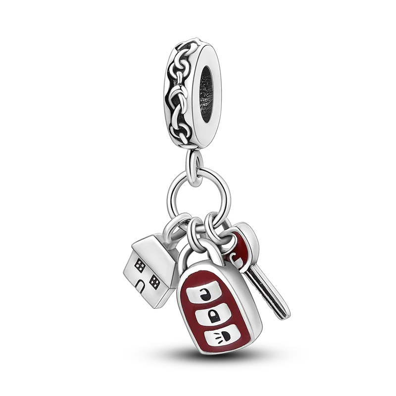 925-Sterling-Silver-Red-Car-Keys-House-Charms-Beads-Dangle-Pendant-Fit ...