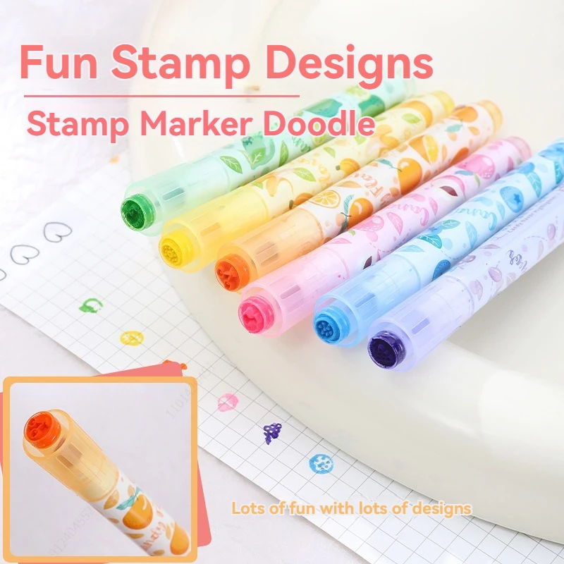 6Pcs Kawaii Stamp Highlighter pen Cute Fragrance Fluorescent Drawing ...
