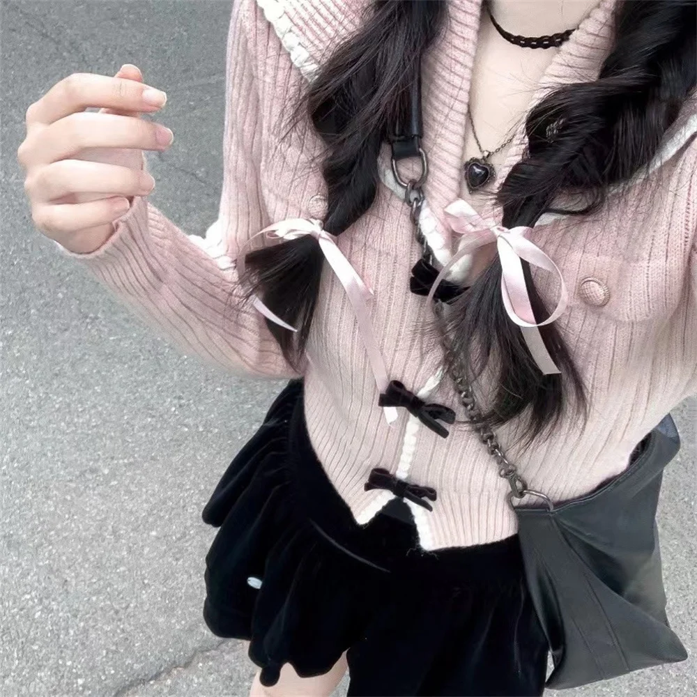 Women-Fashion-Japanese-Style-Bow-Sweaters-Short-Length-Slim-Fit-Pink ...