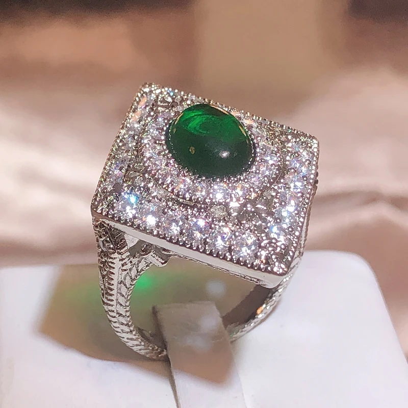 New-Hollow-Retro-RHOMBUS-Shape-Rings-For-Women-Green-Zircon-Sliver ...