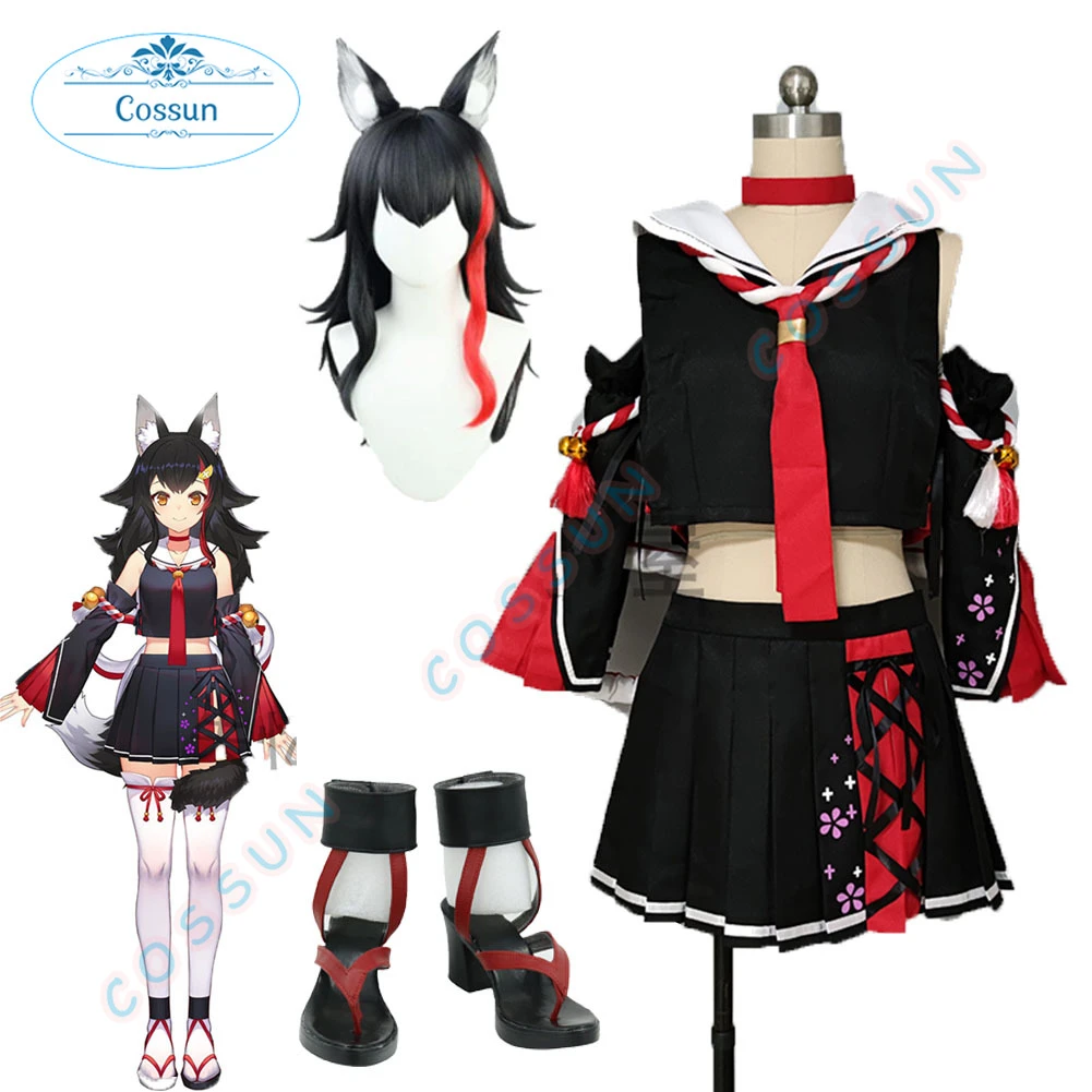 VTuber Hololive Ookami Mio 학교 JK 유니폼 로리타 드레스, 파티 복장 코스프레 의상, 여성 할로윈 가발 ...