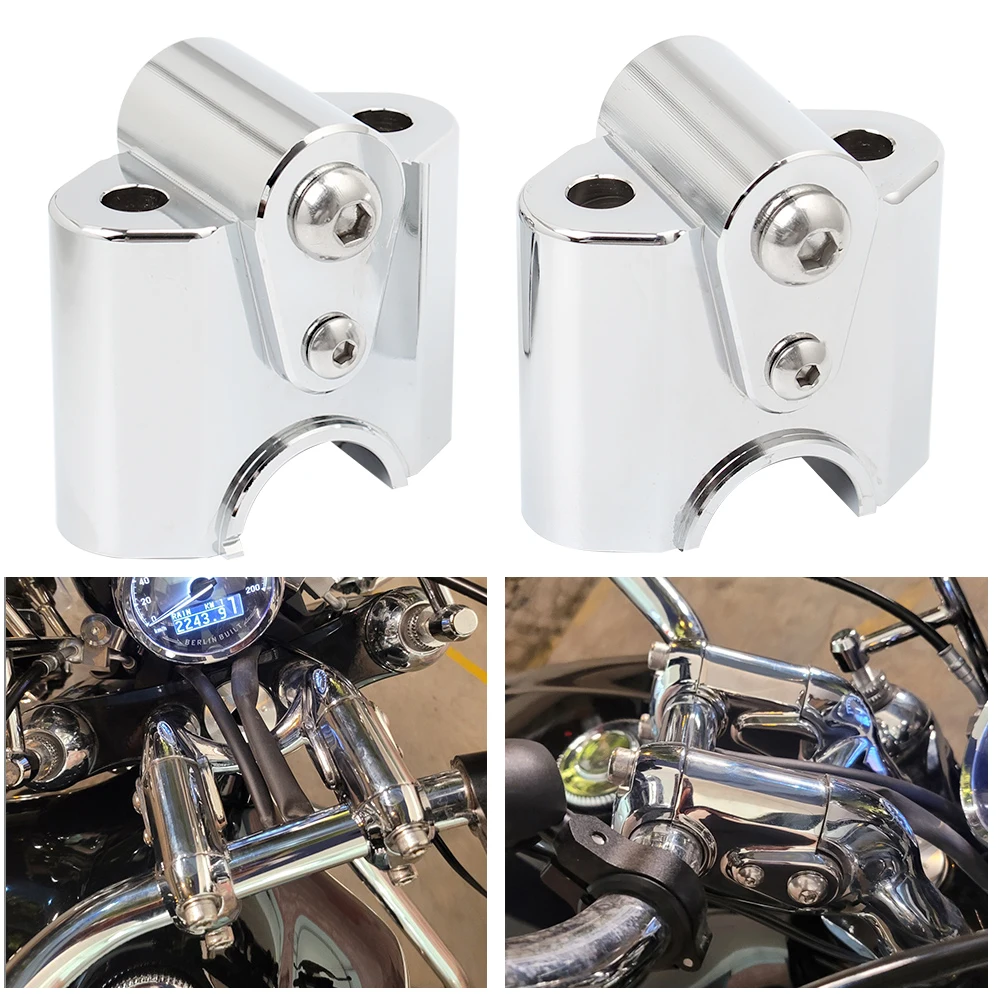Motorcycle-Chrome-Aluminum-Handlebar-Riser-Bar-Mount-Handle-Clamp-Lift ...