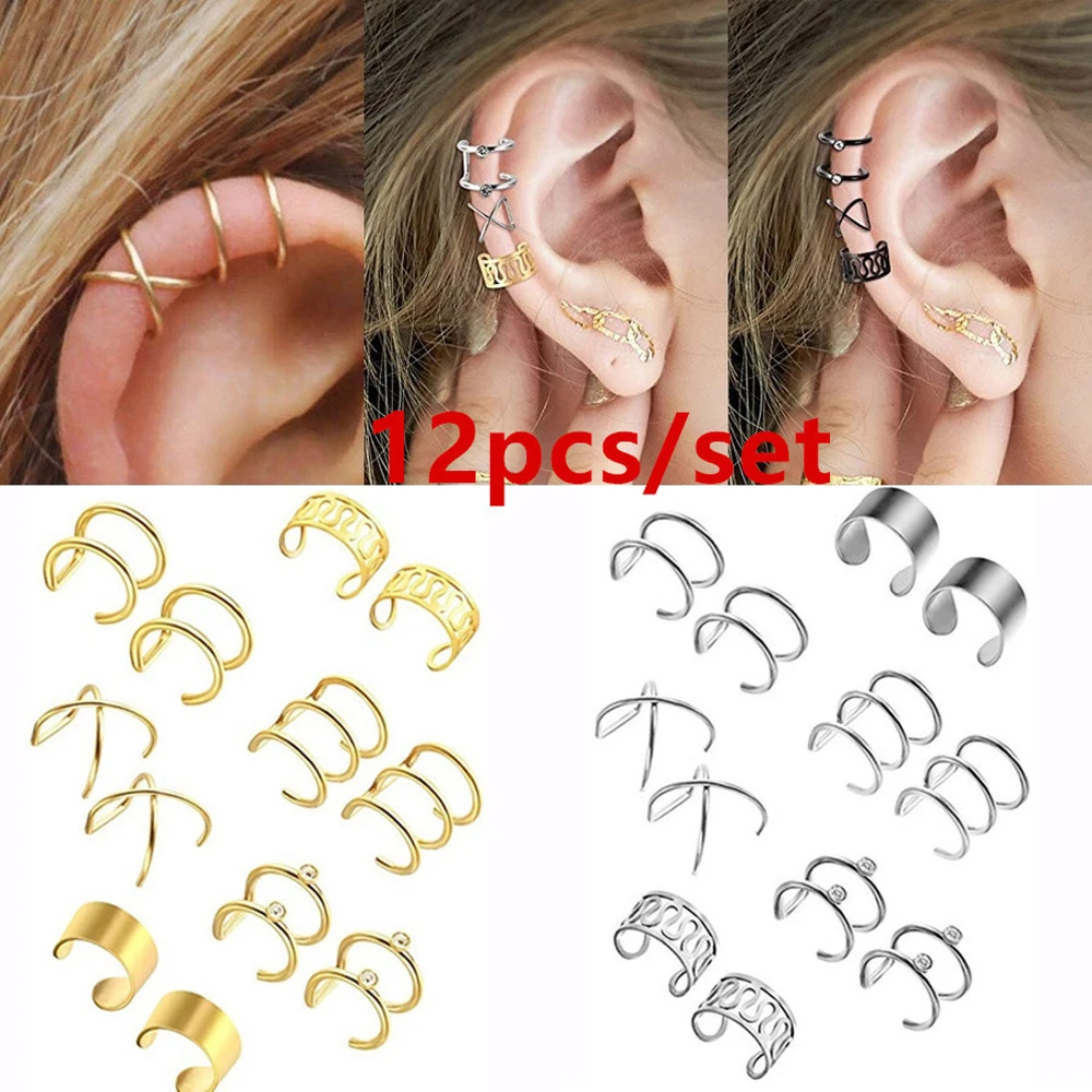 12Pcs Set Stainelss Steel Clip Ear Cuff Earring Fake Cartilage Earring For Women No Piercing Clip Earrings Set Earcuff Jewelry AliExpress