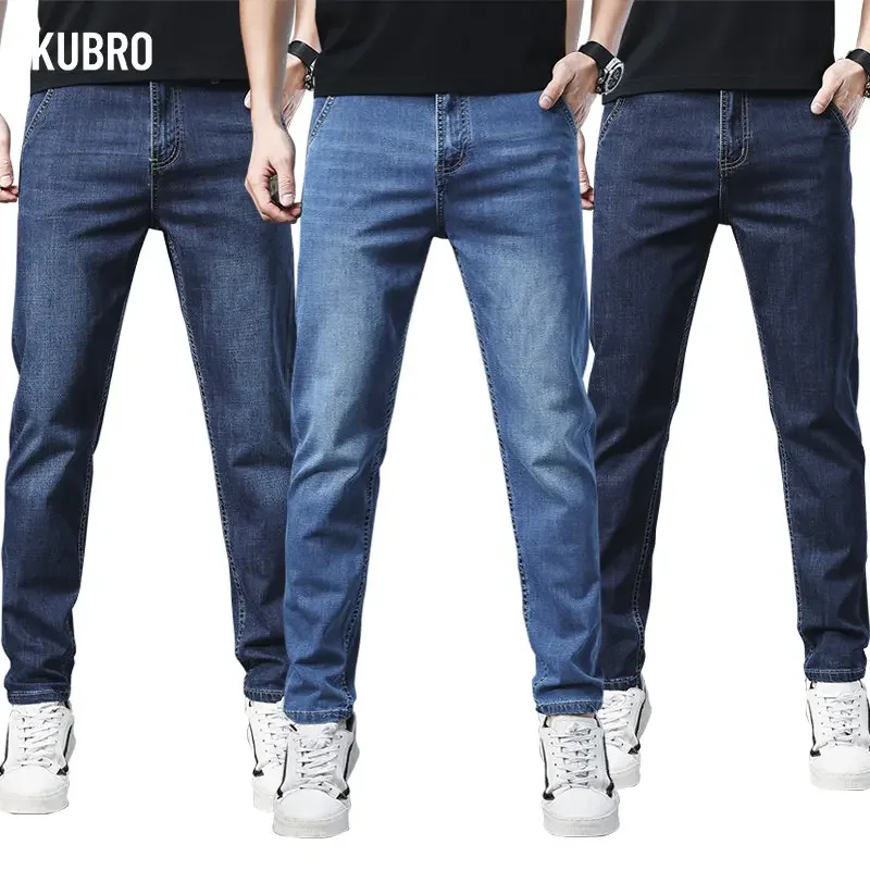 KUBRO-Men-s-Jeans-Classic-Straight-Denim-Trousers-Light-Wash-Casual ...
