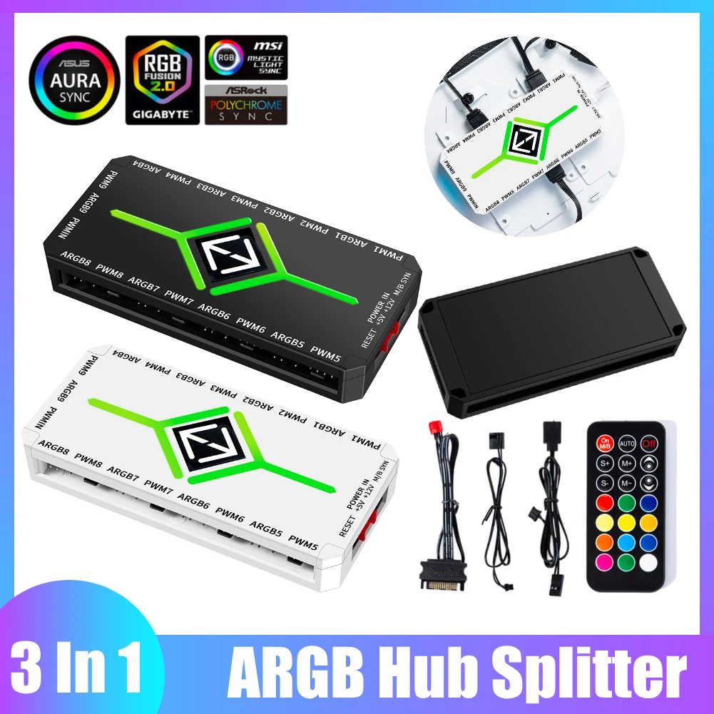 1 To 9 Ports 3 in 1 ARGB Fan HUB Splitter with Remote Control 5V 3Pin ...