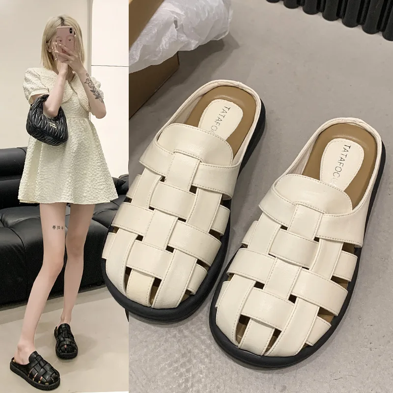 Half-slippers for Women Summer 2025 New Hollow Weaving Round Toe Flat ...