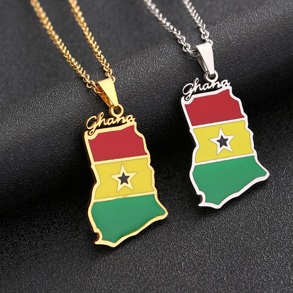 Ghana-Map-Flag-Pendant-Necklace-Stainless-Steel-For-Women-Girls-Gold ...