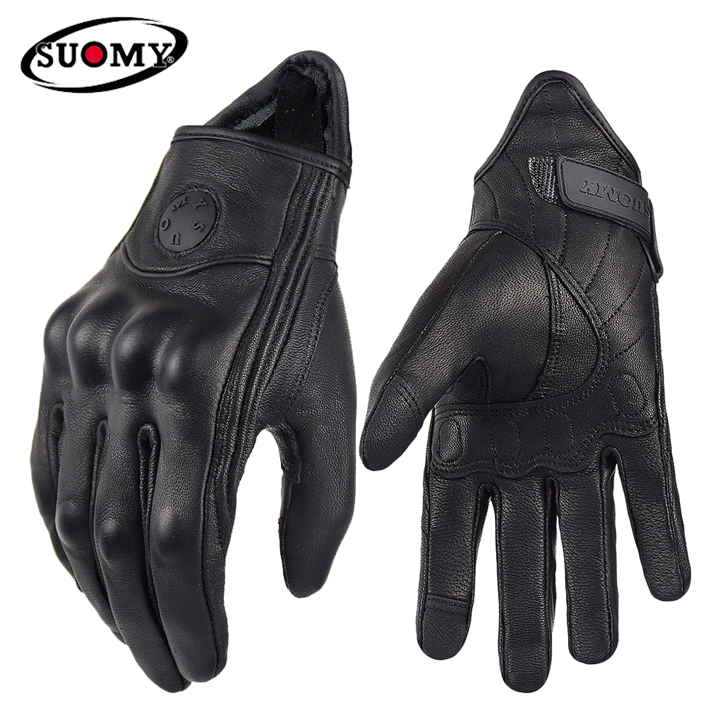 SUOMY Leather Motorcycle Gloves Vintage Full Finger Motorbike Racing ...
