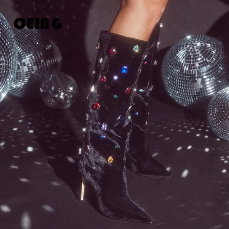 Women-Gemstone-Decor-Knee-High-Boots-Pointed-Toe-Stiletto-Heels ...