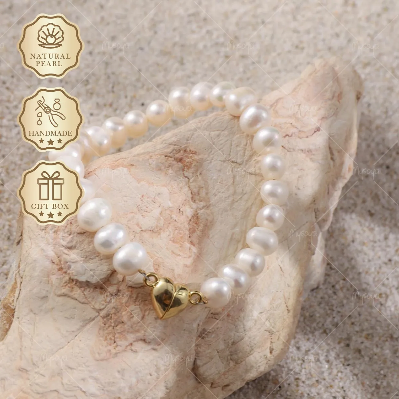 Mysoya White Freshwater Pearl Bracelet 6-7mm Golden Heart Clasp Gift ...