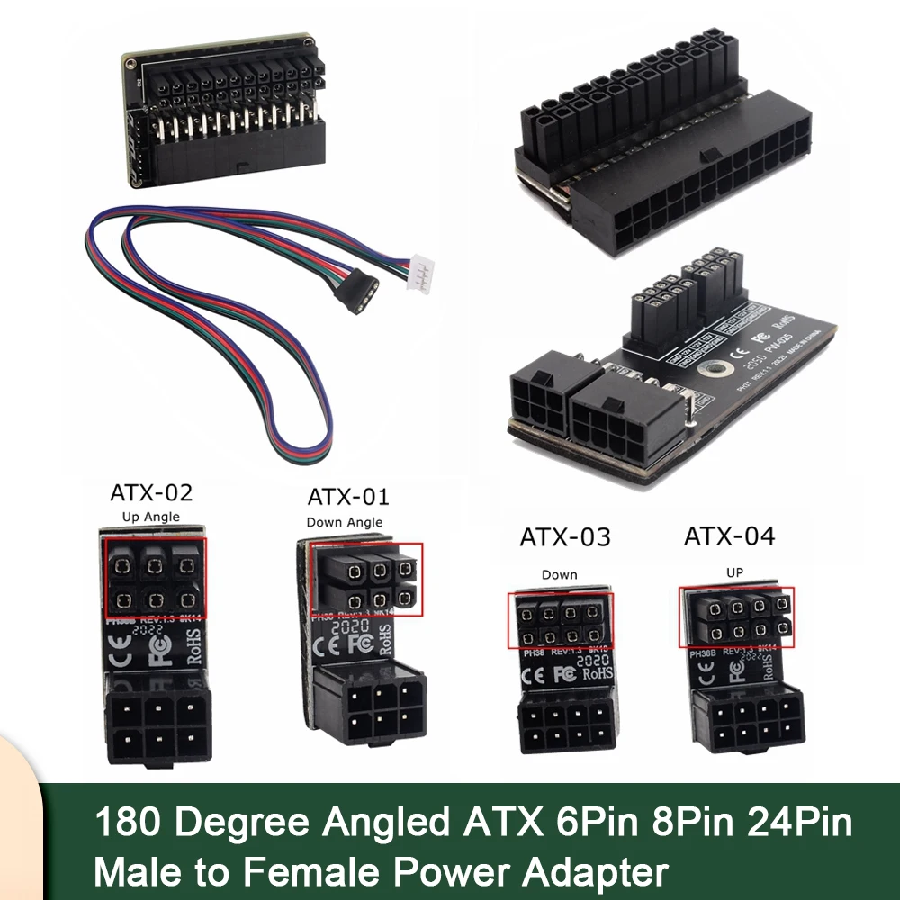 180 Degree Angled ATX 6Pin 8Pin 24Pin Male to Female Power Adapter for ...
