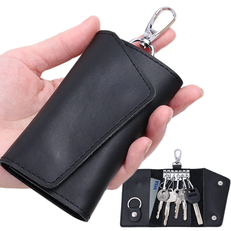Black-Leather-Keychain-Bag-for-Men-Women-Key-Holder-Key-Ring-Organizer ...