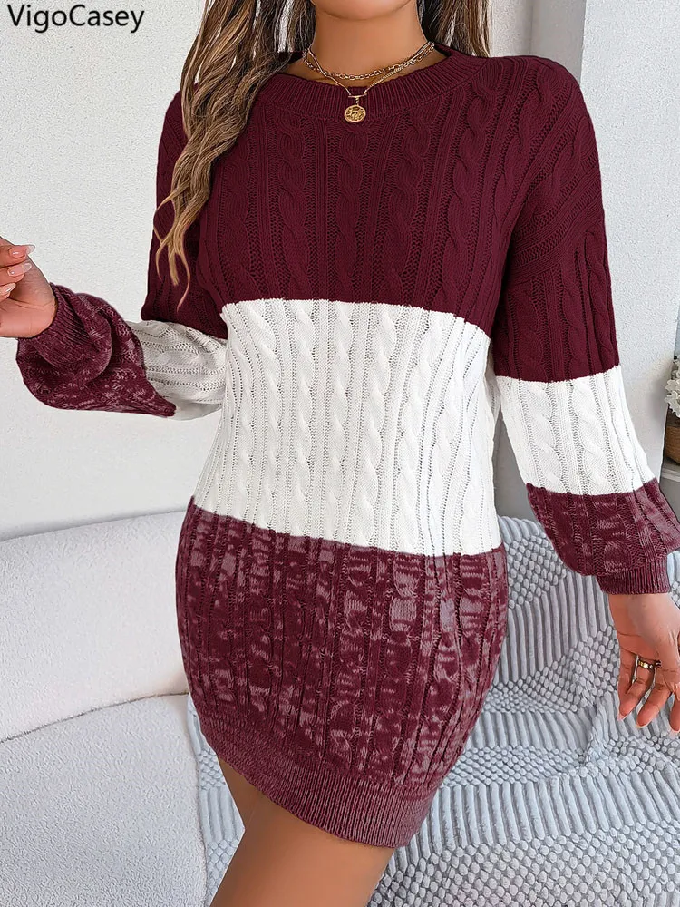VigoCasey 2025 Casual Solid Patchwork Knit Dress Women Long Sleeve ...