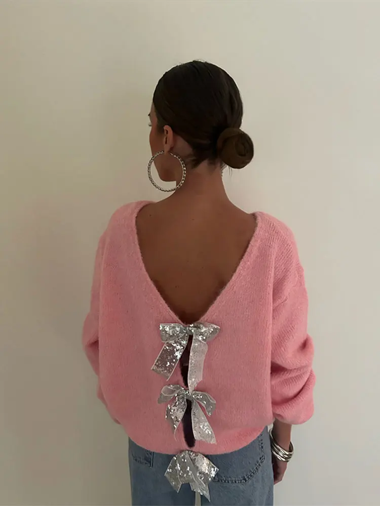 Women-Elegant-Shiny-Backless-Bow-Cardigan-Female-Chic-Loose-Slash-Neck ...