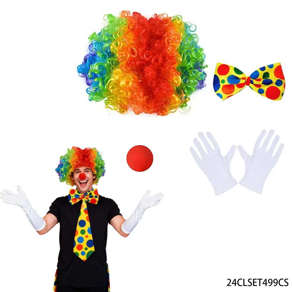 Clown party costume accessories: colorful wig, bow tie, white gloves ...